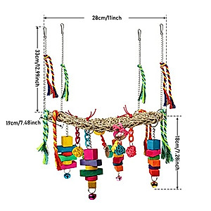 Bird Swing Toys, Bird Foraging Wall Toy, Seagrass Woven Hammock Swing Mat with Colorful Ropes Wooden Chew Toys for Lovebirds, Parakeets, Conures, Cockatiels