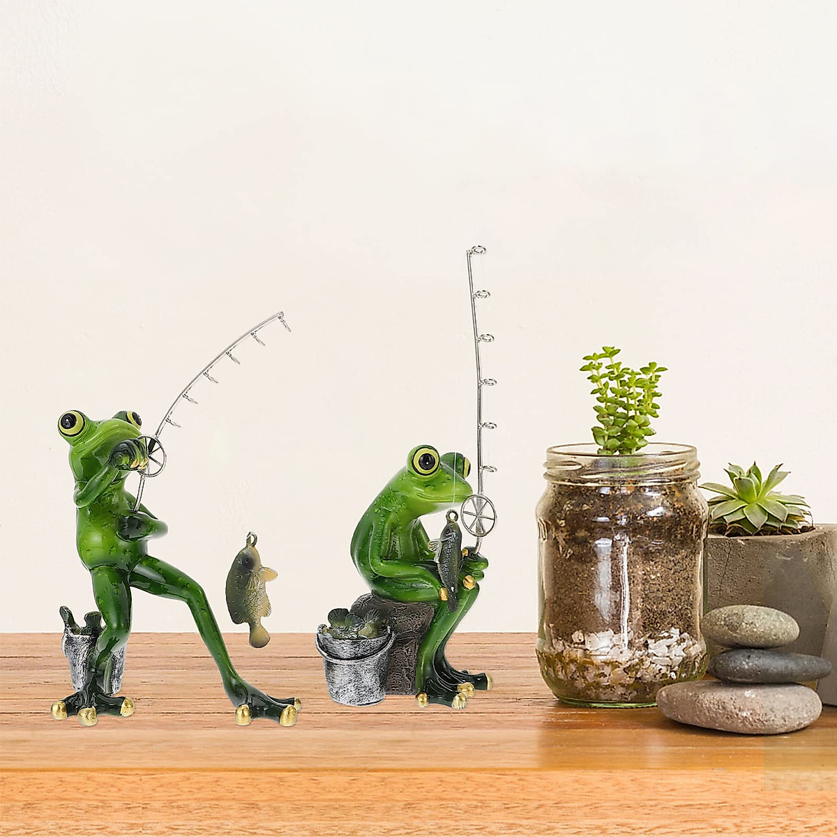 Funny Frog Figurines Garden Statue: Fishing Frog Ornament 2pcs Animal Collectible Figurines Sculpture for Bonsai Yard Table Desk Decor