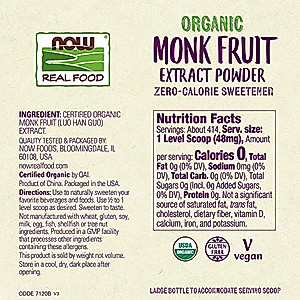 NOW Foods, Certified Organic Monk Fruit Extract Powder, Zero Calorie Sweetener, Large Bottle for Serving Scoop, Certified Non-GMO, 0.7-Ounce