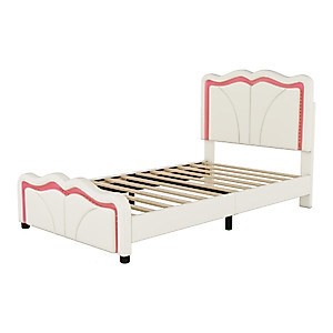 MERITLINE Twin Size Bed with Height-Adjustbale Headboard & LED Light Strips, Upholstered Twin Platform Bed Frame for Bedroom, White