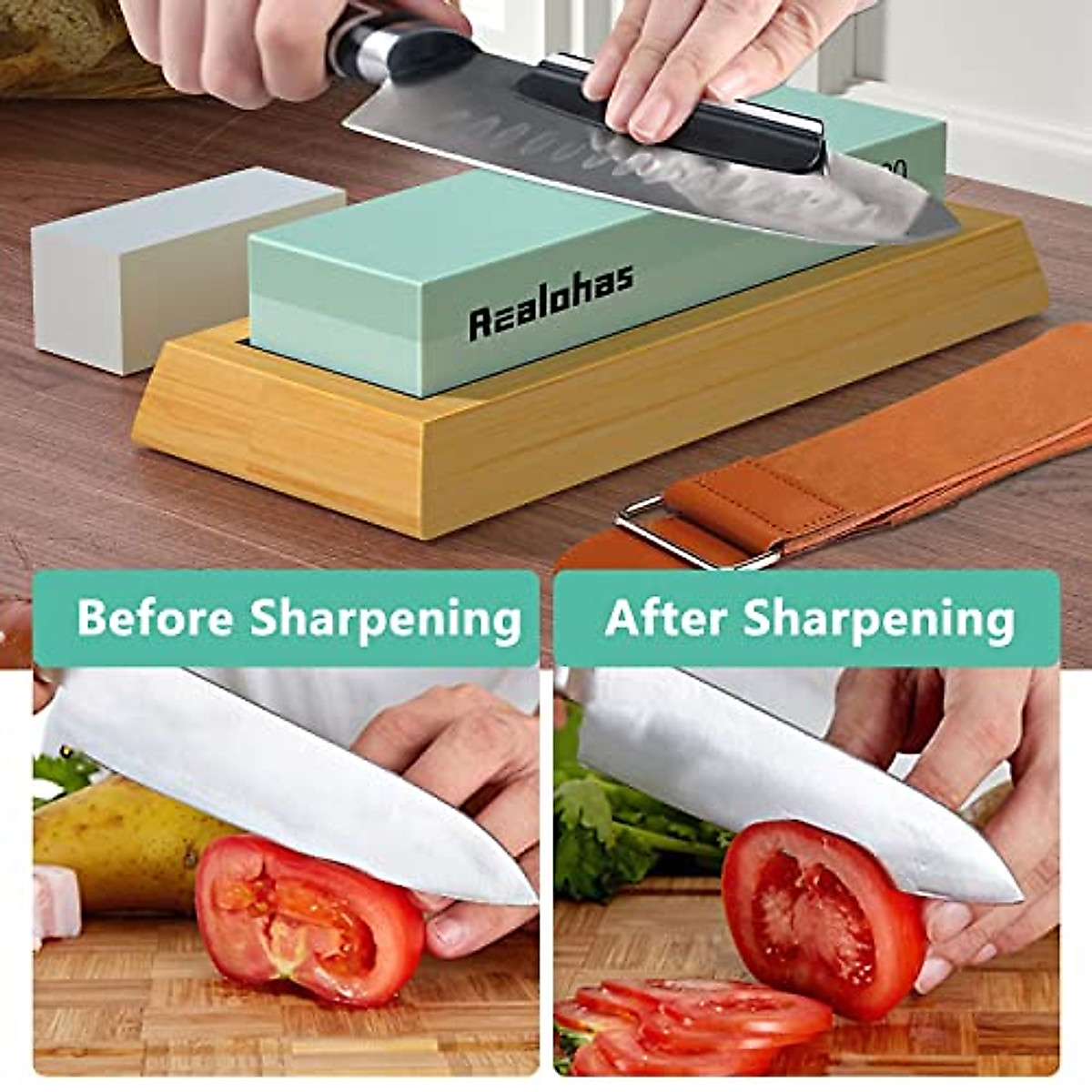 Whetstone Knife Sharpening Stone Kit - Professional Knife Sharpener Stone Set, Realohas Premium 4 Side Grit 400/1000 3000/8000 Wet Stone Sharpening Kit with Anti Cut Gloves, Leather Strop, Angle Guide