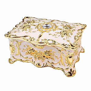 HolyFire Mini Jewelry Boxes Gift - Small Jewelry travel Case - Trinket Organizer with Lid Earrings Rings Vintage Treasure Keepsake Box for Women Girls Kids, Gold