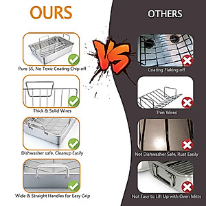 TeamFar Roasting Pan, 15 Inch Large Turkey Roaster Lasagna Pan with V Rack & Cooling Rack Set Stainless Steel For Thanksgiving Christmas, Healthy & Heavy Duty, Deep Side & Dishwasher Safe - 3 PCS