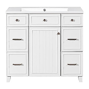 DHHU 36" Vanity Top Combo Set, Single Sink, Shaker Soft Closing Door and Drawer, Bathroom Storage Cabinet, Solid Wood Frame, White