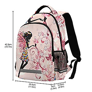 Butterfly Fairy Girl Backpack for Boys Girls, Pink Flowers Schoolbag Elementary School Bookbag Daypack Rucksack