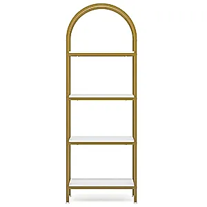 LITTLE TREE 4-Tier Arched Bookshelf, Tall Open Bookcase Storage Shelves, Wood Metal Freestanding Display Rack Tall Shelving Unit for Home Office, Bedroom, Living Room, White & Gold