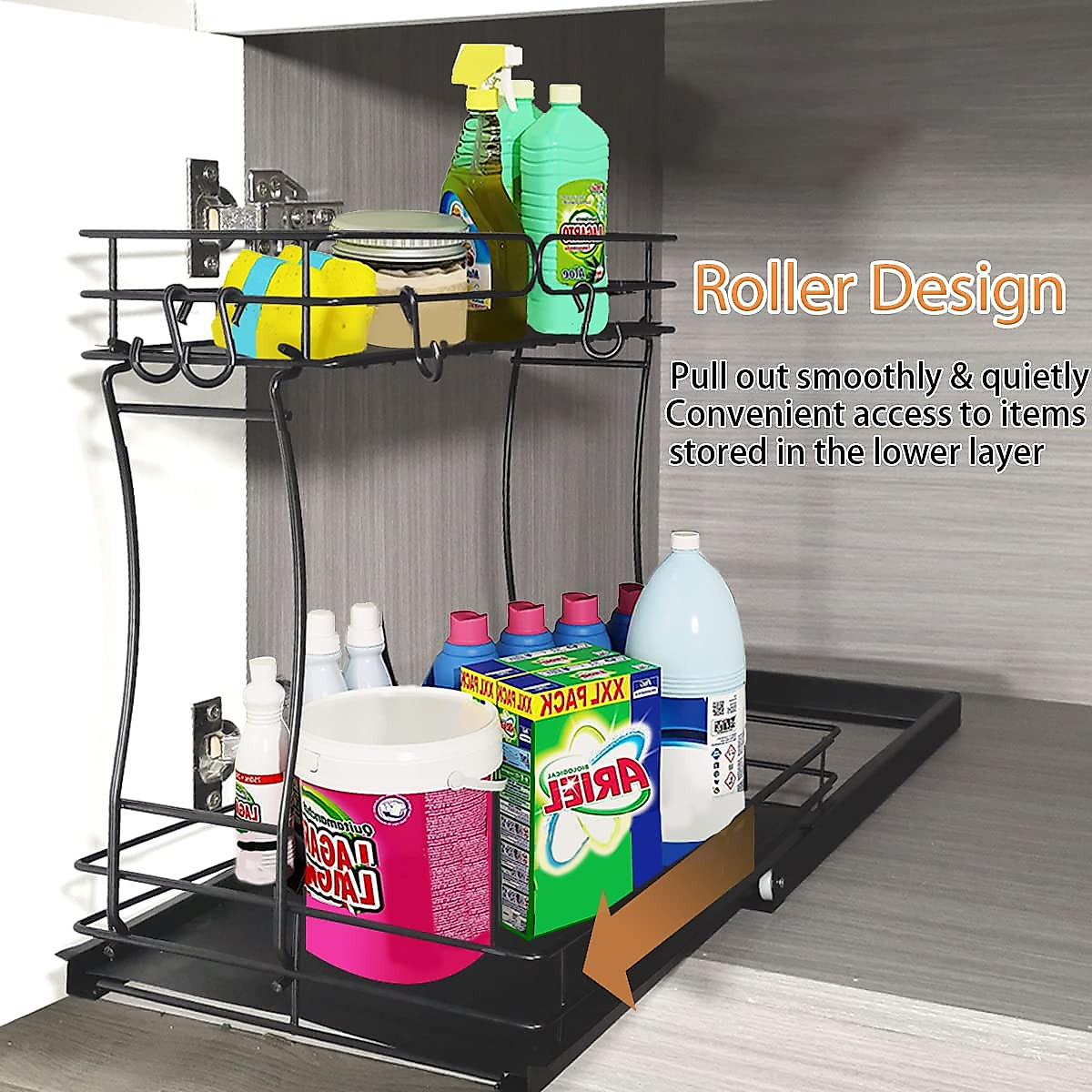 JIKEXINGMENG 2-Tier Under Sink Organizer with Slide-Out Shelves - Easy-to-Install Metal Storage Basket Drawer - Ideal for Kitchen, Bathroom, and Pantry Cabinets - Fits 11-Inch Cabinet Opening