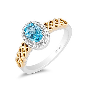Jewelili Enchanted Disney Fine Jewelry Sterling Silver and 10K Yellow Gold with 1/10 CTTW Diamond and Swiss Blue Topaz Brave 10th Anniversary Collectors Merida Halo Ring