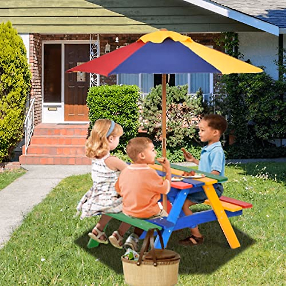 gotoplay Kids Picnic Table Set w/Removable & Foldable Umbrella, Outside Table Set with Benches, Wooden Table and Bench Set for Toddler Boys Girls (Colorful)