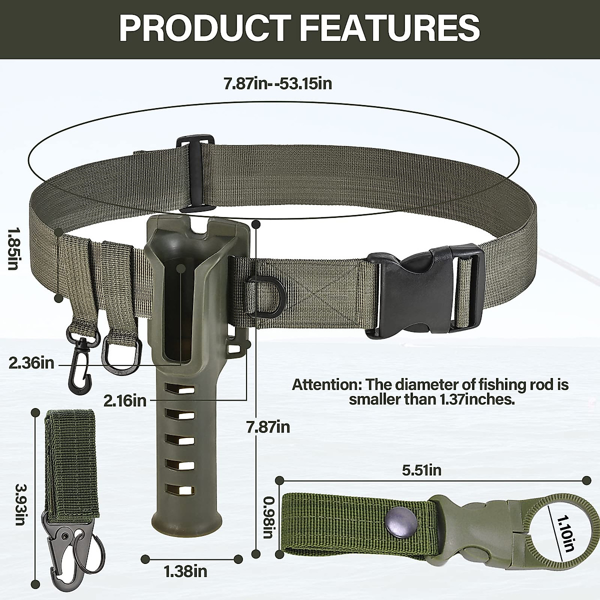 Fishing Wading Belt Rod Holder Adjustable Wader Fishing Waist Belt for Fly Surf Casting Spinning Fishing Pole Fishing Tackle (Green)