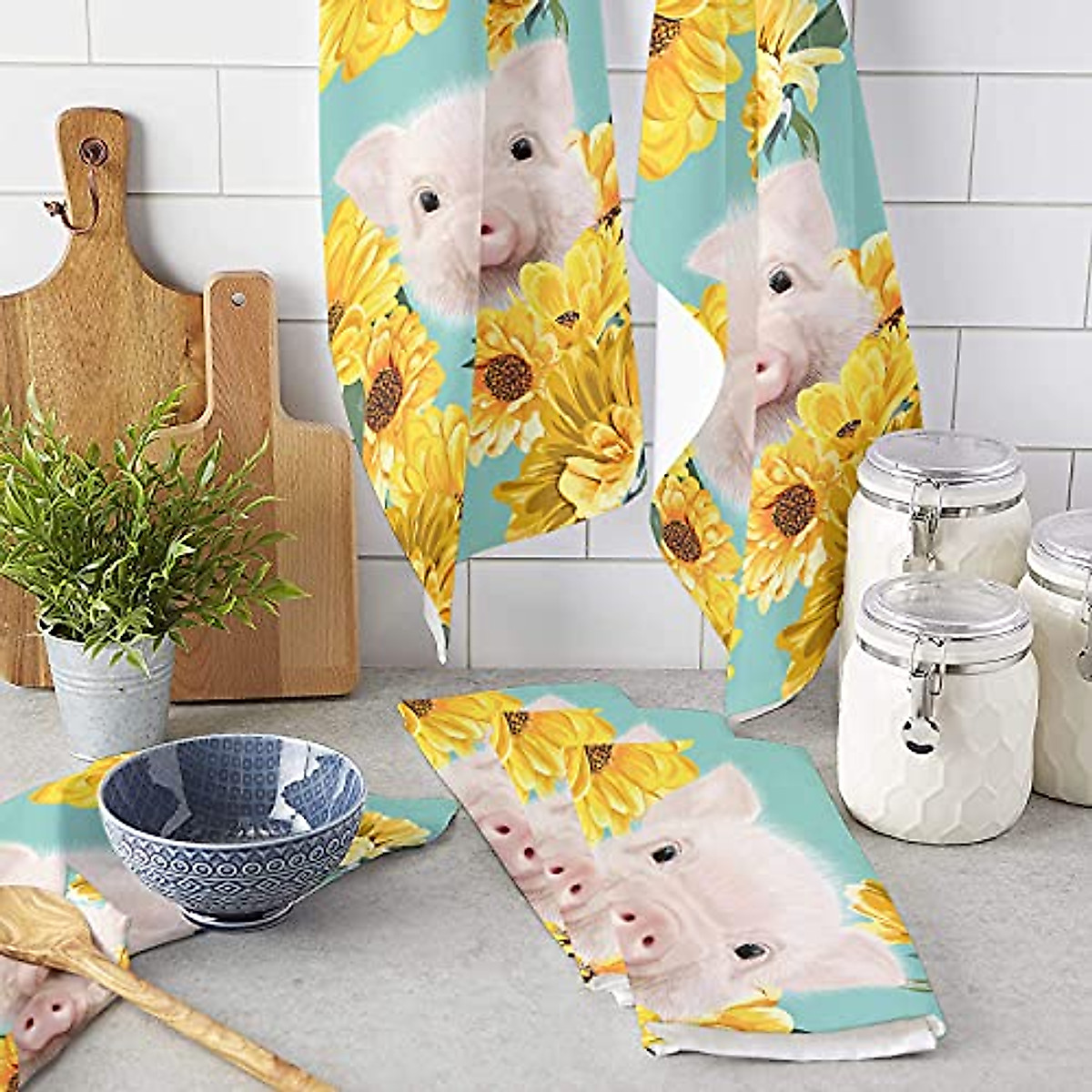 Farm Cute Pig Kitchen Towels Dish Cloth Towel Absorbent Hand Towel Cleaning Cloth,Idyllic Chrysanthemum Flower Dishcloth Quick Drying for Dishes Counter 2 Pack