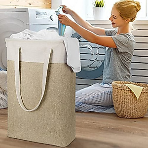 Laundry Hampers Tall Slim Laundry Baskets Thin Foldable Clothes Hamper Narrow Hamper for Laundry Storage Organizer Collapsible Hamper Laundry with White and Brown Imitated Burlap Patchwork,QY-SC24-2