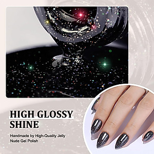 Press On Nails Short Almond, SHOWMORE Black Glitter Fake Nails Medium Sparkly Stiletto Nails Galaxy Glue On Nails False Nails with Design Stick On Nails in 12 Sizes 24 Nail Kit with Glue (Handmade)
