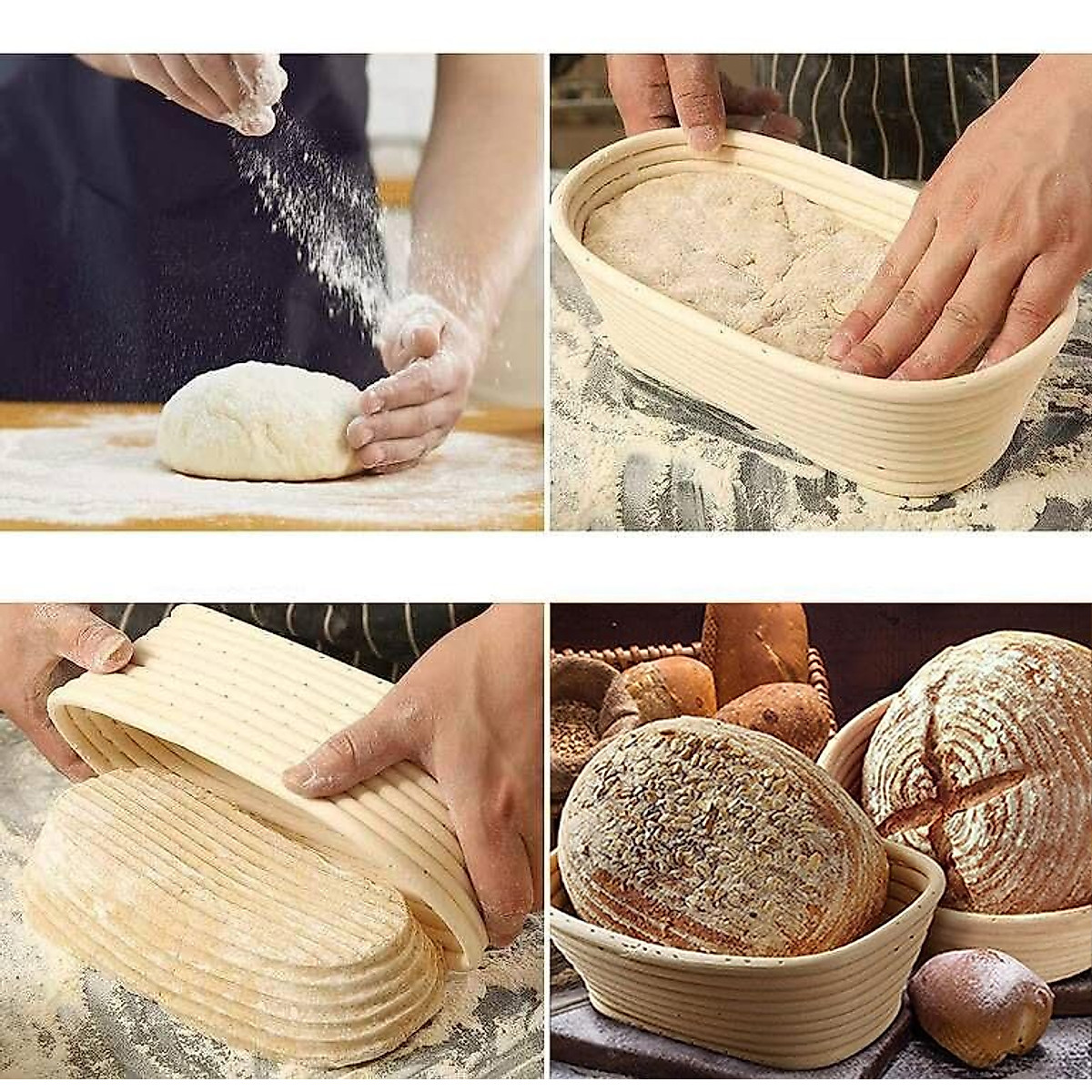 Bread Banneton Proofing Basket Set of 2,10 Inch Oval Cane Sourdough Baskets with Lame + Dough Scraper Linen Liner Basting Brush for Making Baking