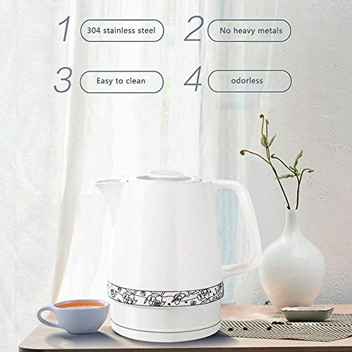 SieHam Kettles,Ceramic Cordless Kettle Teapot-Retro Red 1.7L Jug, 1850W Water Fast for Tea, Coffee, Soup, Oatmeal-Removable Base, Boil Dry Protection/D