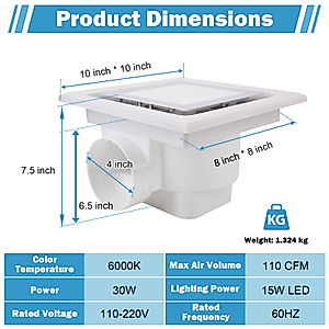 Bathroom Exhaust Fan with LED Light Ceiling Mount Ventilation Fan, 110 CFM 1.0 Sones 4 Inch Duct, Quiet Square Bathroom Fan Light Combo