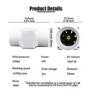 TTiiLoe Inline Duct Fan 2 Inch 50mm Ventilation Exhaust Booster 62 CFM Quiet Fan Filter Duct Kit 6W 12V Intake Fume Extractor Blower for Attic Kitchen Grow Tent (2 inch/50mm, Adjustable Speed)