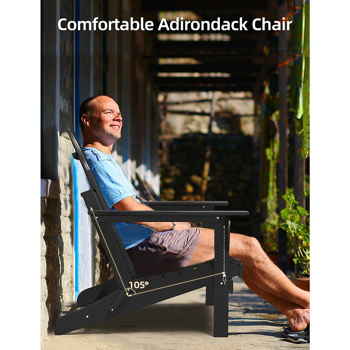 Folding Adirondack Chair - Durable HDPE Poly Lumber All-Weather Resistant, Foldable Oversized Balcony Porch Patio Outdoor Chair for Lawn, Backyard, Deck, Garden, Camping - Easy Installation, Black