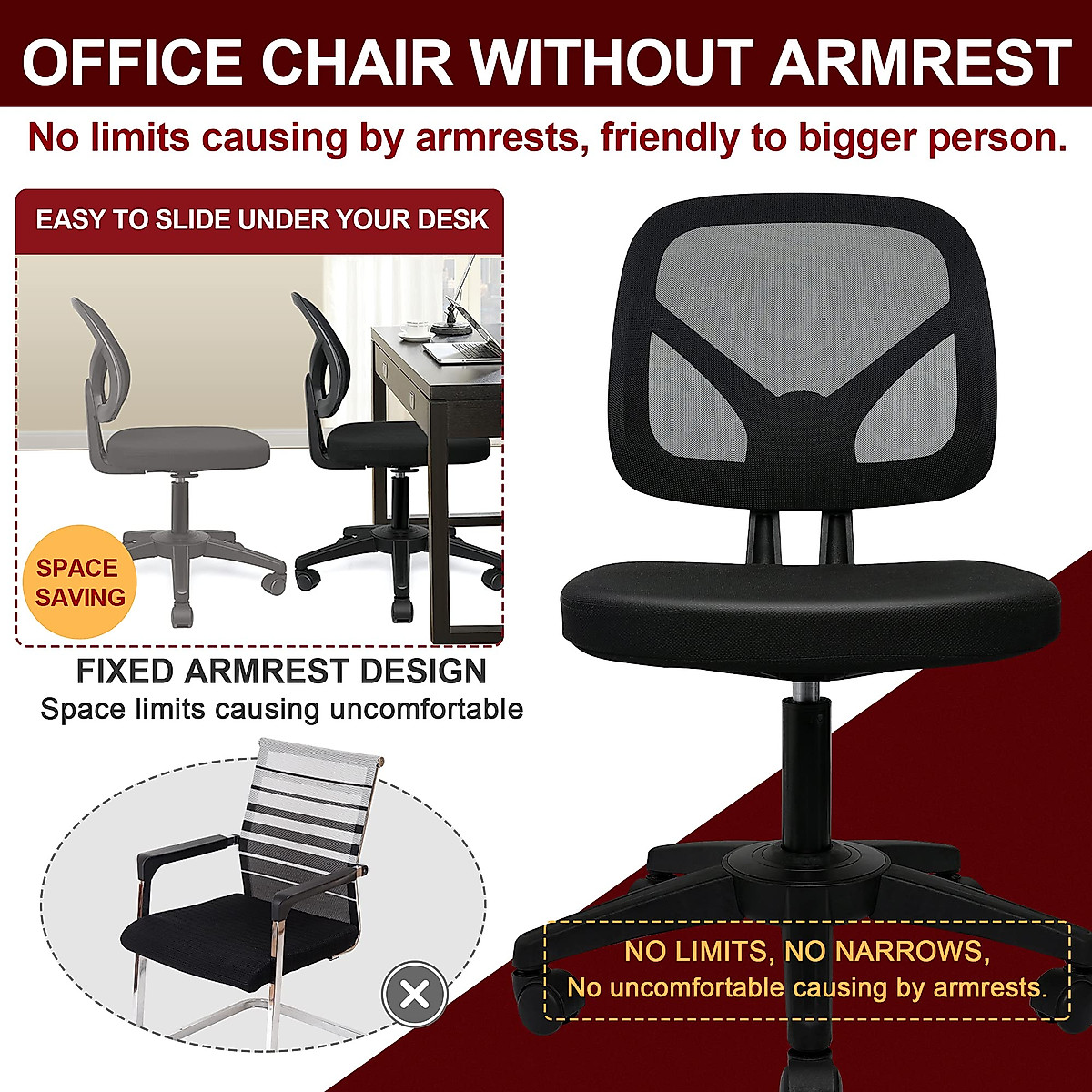 V&LX Armless Swivel Mesh Office Chair Height Adjustable with Lumber Support for Small Spaces, Black