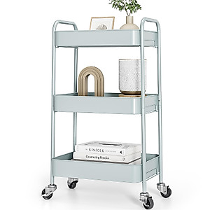 TOOLF 3-Tier Rolling Cart, Easy Assembly Metal Utility Cart with Lockable Wheels, Storage Craft Art Cart Trolley Organizer Serving Cart for Office, Bathroom, Kitchen, Kids' Room, Green