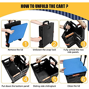 Foldable Utility Cart Folding Portable Rolling Crate Handcart Handcart Shopping Trolley Wheel Box with Lid,360°Rotate Wheels,Heavy Duty Durable Dolly Cart for Teacher Tourist Shopping Office Outdoor