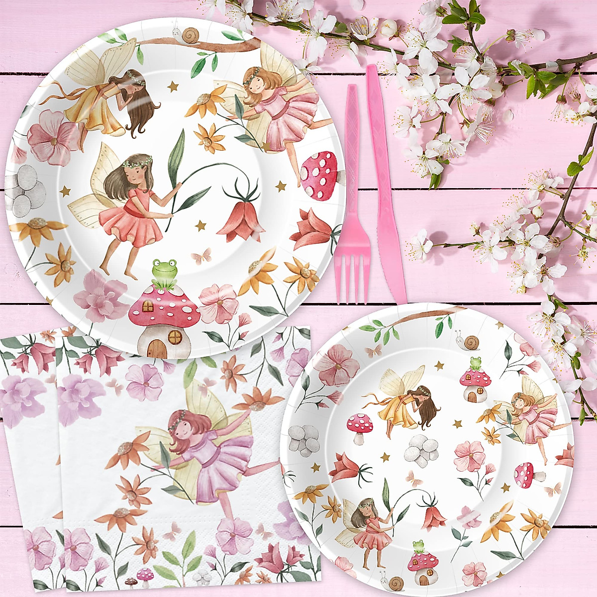 Xigejob Fairy Party Decorations Tableware - Fairy Birthday Party Supplies, Plate, Cup, Napkin, Tablecloth, Cutlery, Flower Fairies Enchanted Forest Garden Birthday & Baby Shower Decorations | Serve 24