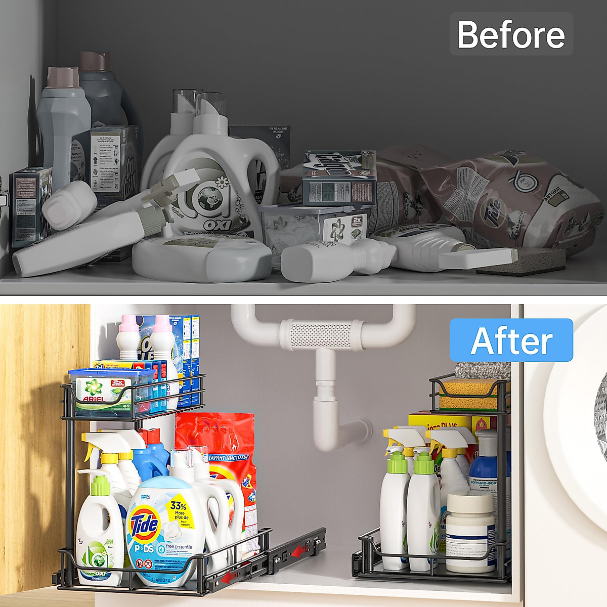 LAMU Larger Under Kitchen Sink Organizers and Storage, Metal Under Sink Organizer Bathroom Cabinet, Undersink Organizers Kitchen, Under Sink Storage and Organization, 13.1W x 16.7D x 15.6H inches