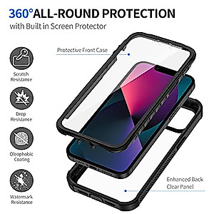 seacosmo iPhone 13 Mini Case 5.4 Inch, Full Body Shockproof Cover [with Built-in Screen Protector] Slim Lightweight Heavy Duty Fit Bumper Protective Phone Case for iPhone 13 Mini - Black/Clear