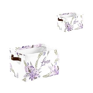 Purple Flower Personalized Custom Name Waterproof Storage Boxs Baskets Clothts Towel Book for Bathroom Office 1 Pack