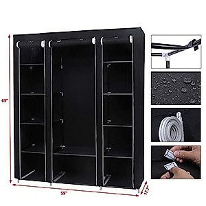SoSo-BanTian1989 Metal Frame Portable Closets Fabric Wardrobe, Clothing Cabinet Storage Organizer with Dustproof Cover (Black)