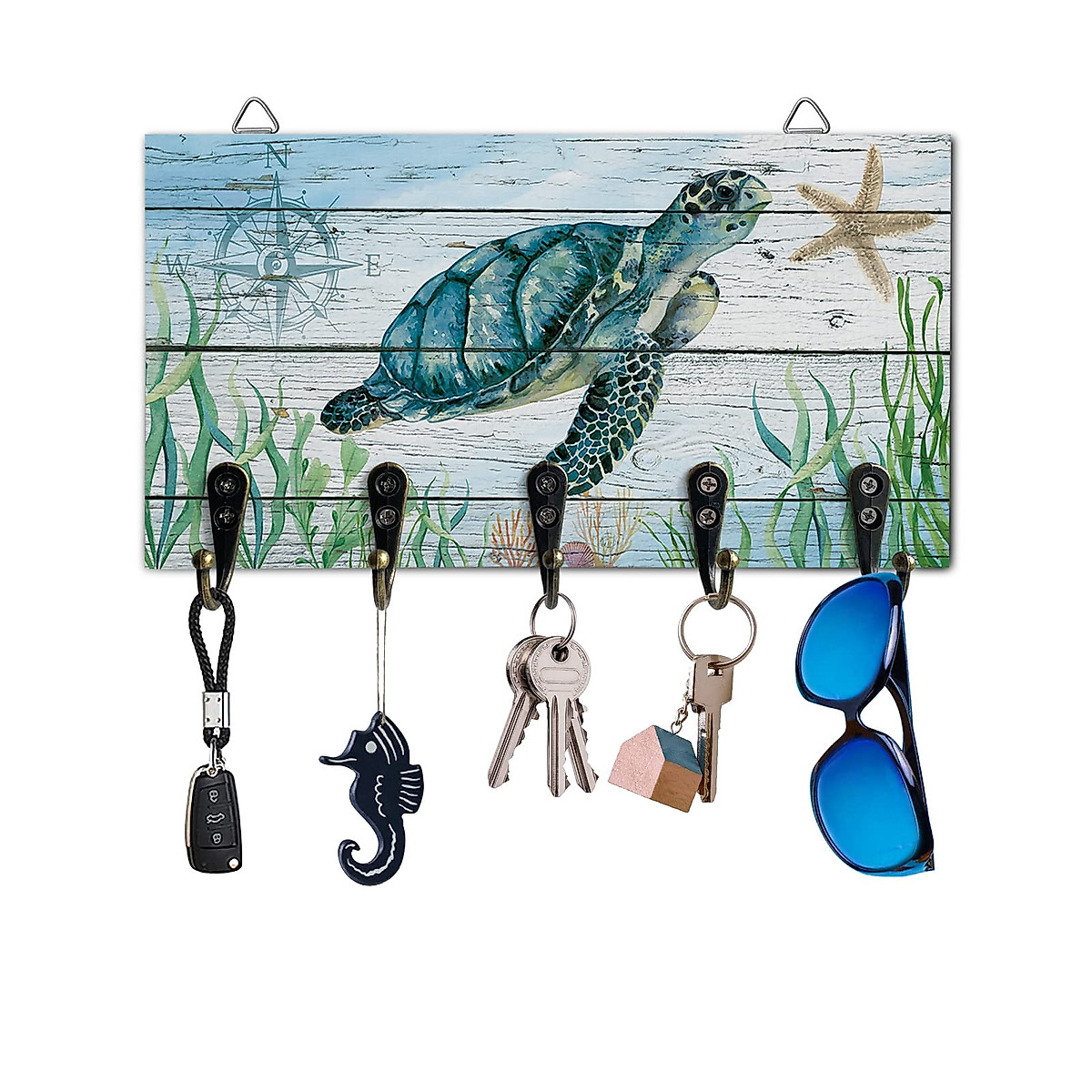 JasmineM Sea Turtle Ocean Key Holder for Wall Decorative, Wood Wall Mounted Key Rack with 5 Key Hooks, Keys Hanger Organizer for Entryway Hallway Office Home Decor, Rustic Wood Beach Starfish