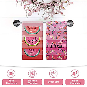 Seliem Summer Life is Sweet Watermelon Kitchen Dish Towel Set of 2, Red Pink Stripes Hand Towel Drying Baking Cooking Cloth, Spring Seasonal Farmhouse Home Kitchen Decor 18x26 Inch