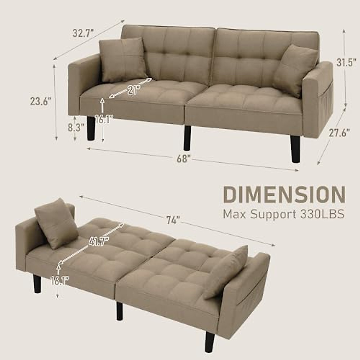 AVAWING Futon Sofa Bed, Modern Linen Fabric Convertible Upholstered Couch with Adjustable Back, Arms and High Strength Nylon Legs for Living Room, Apartment, Office (Khaki)