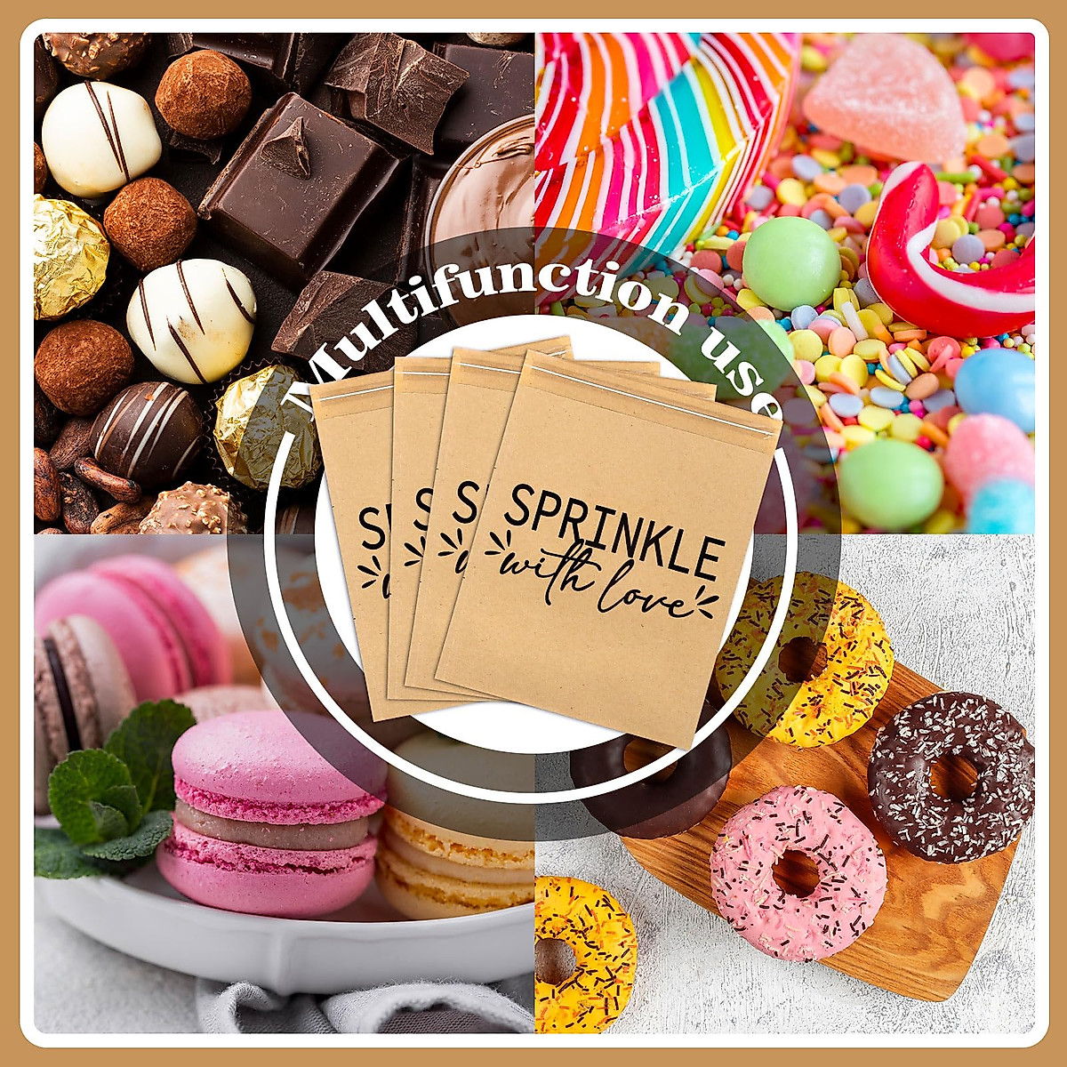 AnyDesign 100 Pack Donut Candy Bags Self-Adhesive Sprinkle with Love Kraft Paper Goodie Treat Bags Natural Brown Gift Snack Buffet Bags for Baby Shower Doughnut Time Supplies