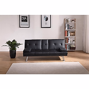 LIADTOP 67" Multifunctional Sofa 2 Cup Holders,Leather Loveseat Sleeper with Removable Armrests,Convertible Folding Couches Bed for Small Spaces,Black