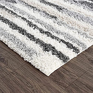 Lux Shag Collection - Moroccan Farmhouse Living Room Bedroom Shaggy Area Rug - Bohemian Shag Rug - Plush High Pile - Southwestern Boho Soft Carpet - Tribal Aztec - Grey, Off White, Beige - 5'3" x 7'3"