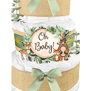 Woodland Creatures Diaper Cake - Gender Neutral Baby Gift - Burlap and Sage Green