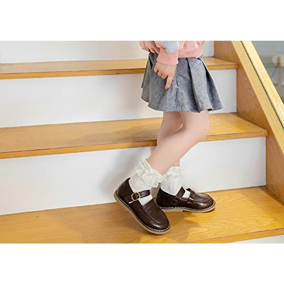 Gwenvenni Toddler Girls Double Ruffle Lace Trim Cotton Socks Frilly Dress Socks 5-Pack, Age 3-5T