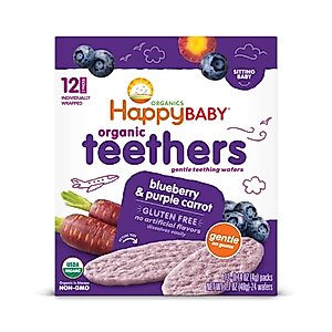 Happy Baby Gentle Teethers Organic Teething Wafers Blueberry Purple Carrot, 0.14 Ounce Packets (Box of 12) Soothing Rice Cookies for Teething Babies Dissolves Easily, Gluten Free No Artificial Flavor