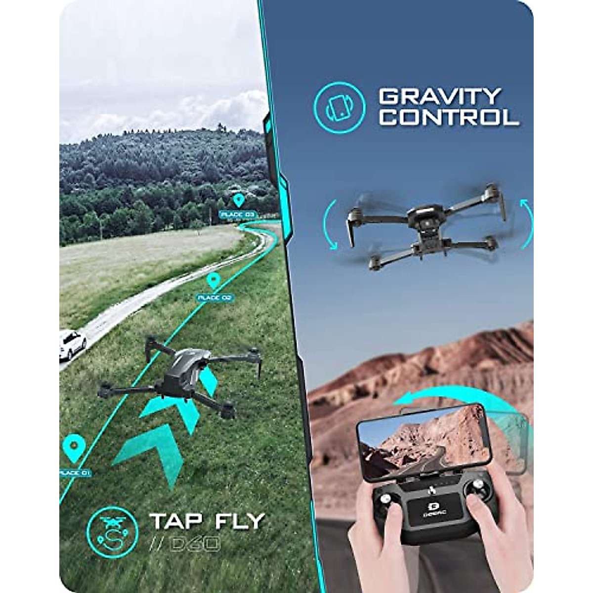 DEERC D60 Drones with Camera for Adults, Kids, FPV 1080P HD Video, Long Battery Life, Gravity Sensor, Foldable, Hobby RC Quadcopter, Suitable as Gifts for Boys, Girls, Beginner Adults, 1 Piece, Black