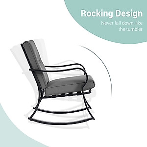 BUNANNM Patio 3-Piece Outdoor Furniture Sets, Steel Frame Bistro Rocking Chairs with Thick Cushions and Coffee Table for Deck, Yard and Balcony, Grey