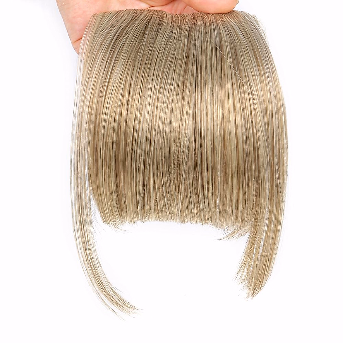 LEEONS Bangs Clip in Hair Extensions Front Neat Bang Fringe One Piece 6" Short Straight Synthetic Hairpiece for Women Dark Ash Brown mix with Bleach Blonde(18/613#)