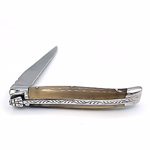 Laguiole en Aubrac Handmade Plated Folding Pocket Knife, 3.5-in (9cm). Solid Horne Handle, Stainless Steel Shiny Bolsters