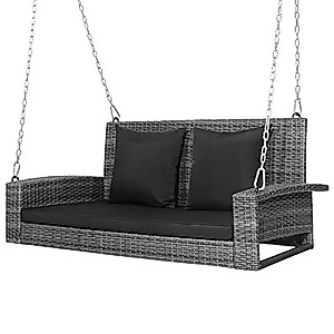 Tangkula 2 Person Wicker Hanging Porch Swing, Patiojoy Outdoor Rattan Swing with Soft Cushions and 2 Rustproof Steel Chains, 800 LBS Patio Swing Bench for Balcony, Garden and Yard (Black)