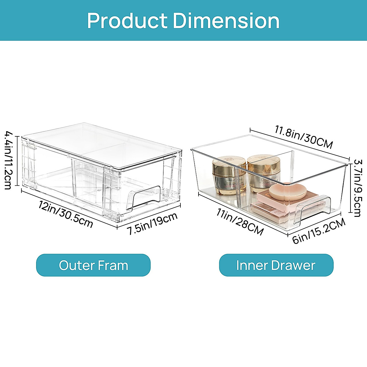 4 Pack Stackable Storage Drawers,Clear Acrylic Drawer Organizers with Handles, Easily Assemble for Fridge, Bathroom,Kitchen Undersink,Cabinet,Pantry organization and Storage