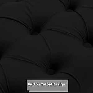 HEAH-YO Modern Velvet Tufted Bench, 18" Seat Height Upholstered Ottoman Dining Bench with Pull Rings, Nailhead Trim Footstool for Entryway Bedroom Kitchen Dining Table, Black