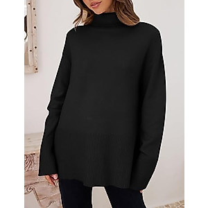 ZESICA Women's Turtleneck Sweaters Fall Winter Long Sleeve Oversized Split Hem Knitted Pullover Jumper Sweater Tops,Black,Large