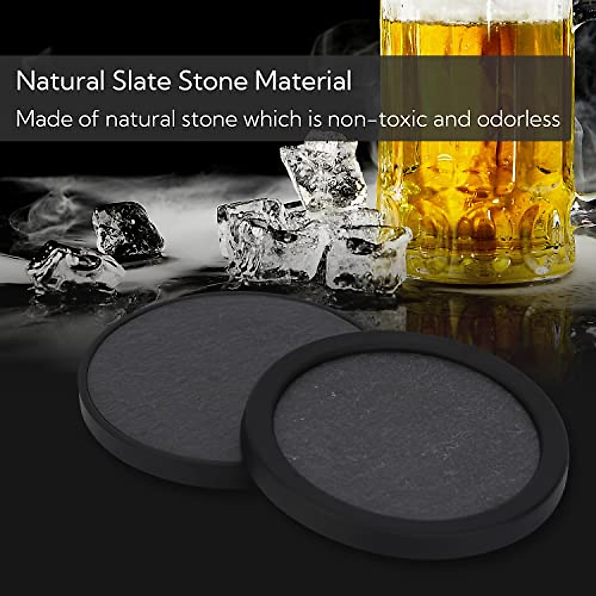 KITCHENDAO Non-Scratch Slate Stone Drink Coasters with Holder, Detachable Soft Ring, Condensation Prevent, 4 Inch Black Handmade Coaster Set for Any Bar Home Décor, Gift for Men and Women, 8 Pack