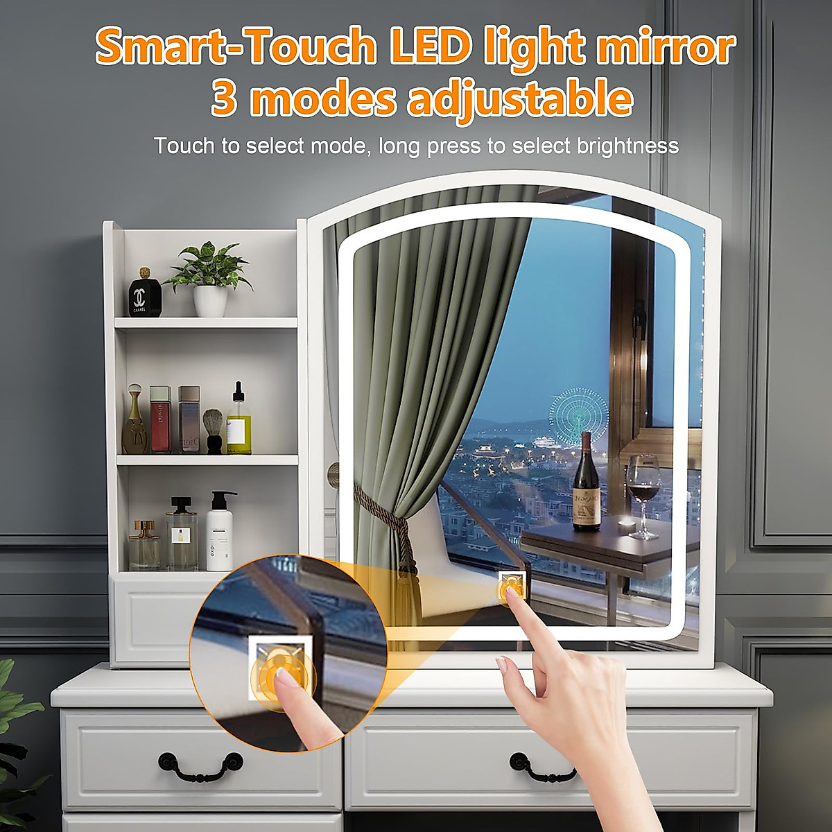 Lakifun Vanity Desk with Lighted Mirror, Makeup Vanity with Lights and Drawers,Makeup Table with Mirror, 3 Lighting Colors, Bedroom Dressing Table, White Vanity Set for Girls Women