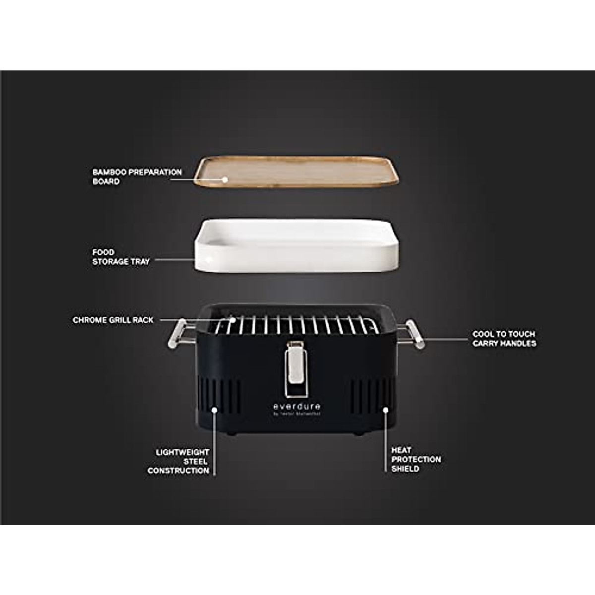 Everdure CUBE Portable Charcoal Grill, Tabletop BBQ, Perfect Tailgate, Beach, Patio, or Camping Grill, Lightweight & Compact Small Grill with Preparation Board & Food Storage Tray, Matte Black